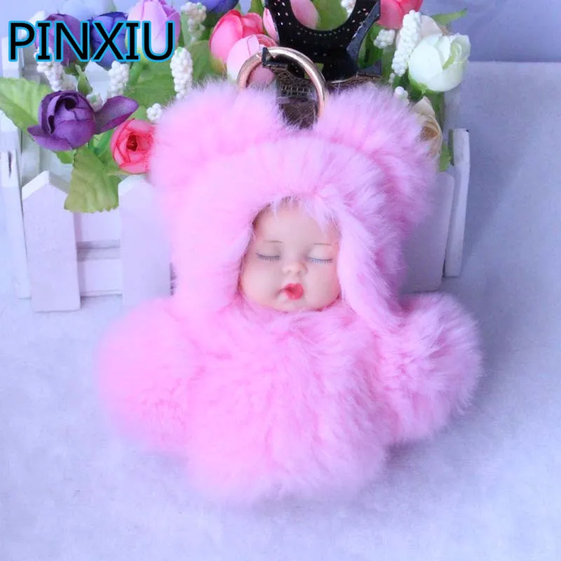 Pinxiuoriginal Fluffy Rabbit Fur Sleeping Baby Doll Key Chain Women ...