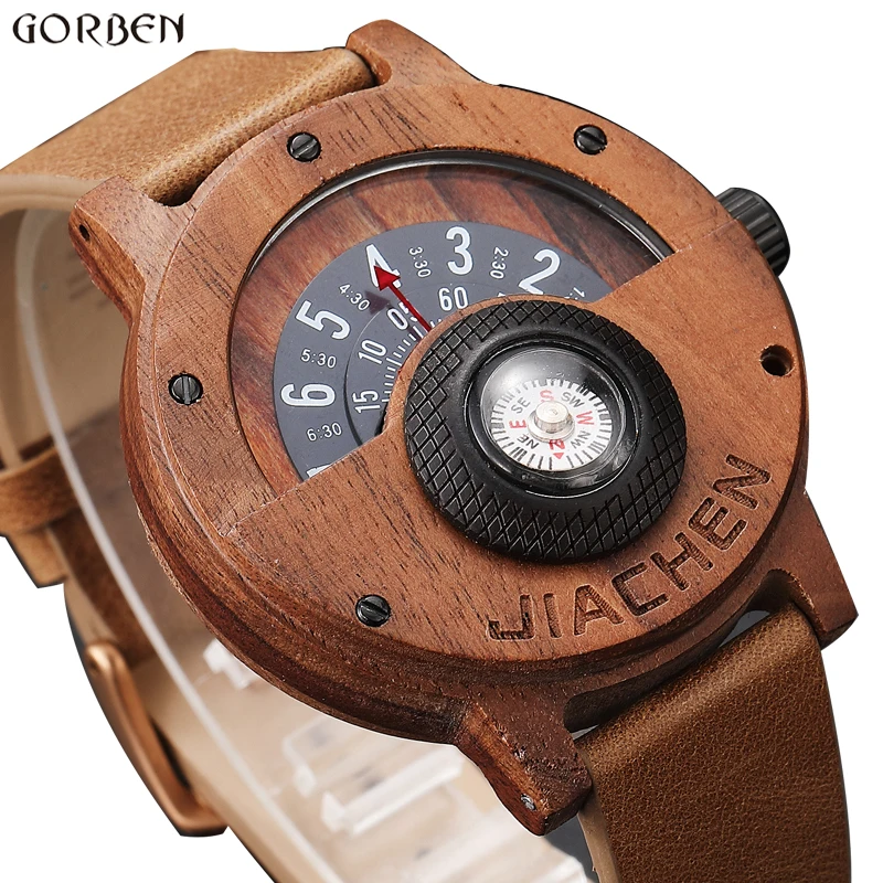 Fashion Compass Turntable Number Design Men Wooden Watch Men Brown Wood ...