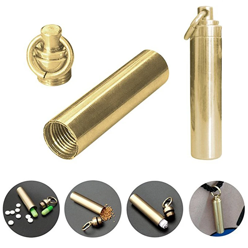 1 PC Solid Brass Waterproof Pill Capsule Fob Holder Case With Key Ring ...