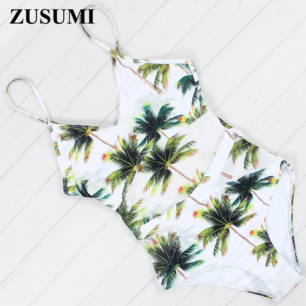 ZUSUMI Backless Swimwear Woman Mesh Monokini Trees Print One Piece ...