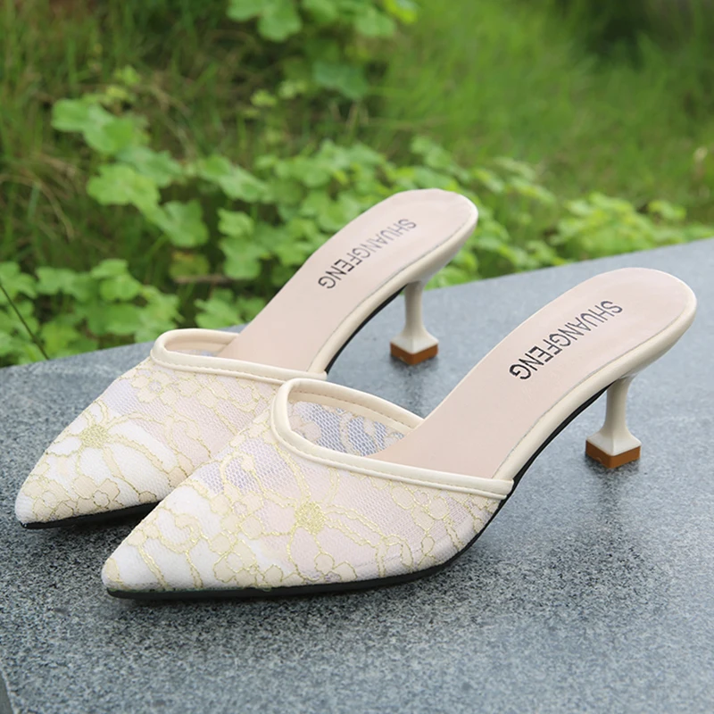 Basic Summer Women Slippers Pointed Toe 6CM Thin High Heels Mesh Decor ...