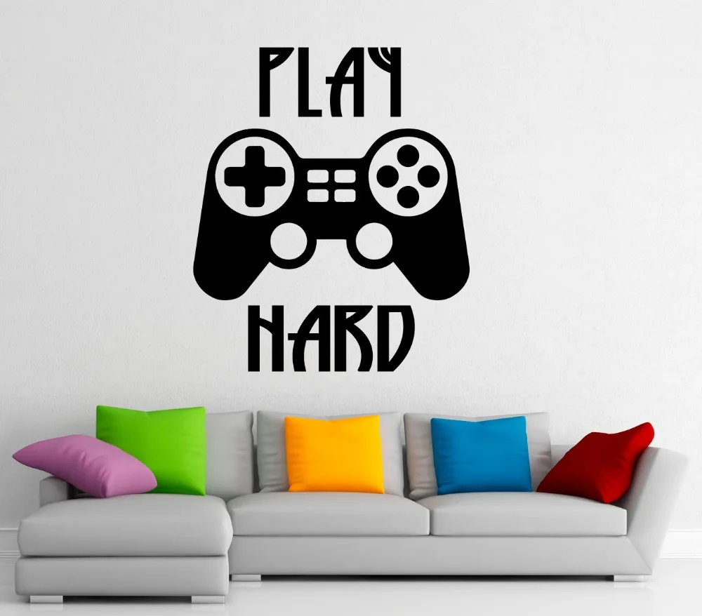 Gamepad-Wall-Decal-Quotes-Play-Hard-Vinyl-Wall-Stickers-Livingroom-Kids ...