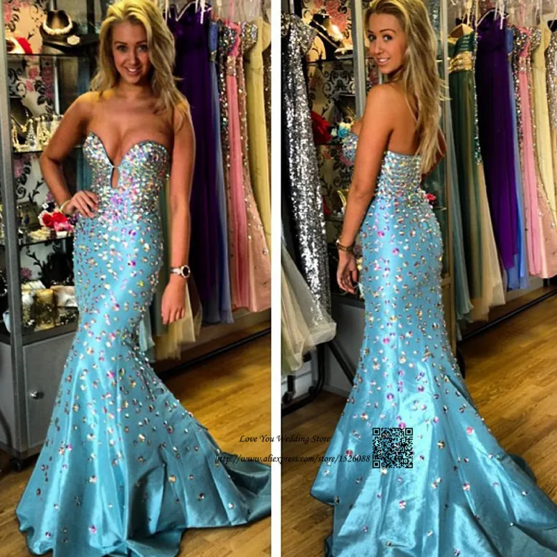 Blue Crystals Rhinestones Formal Evening Gowns Women Long Mermaid Prom ...