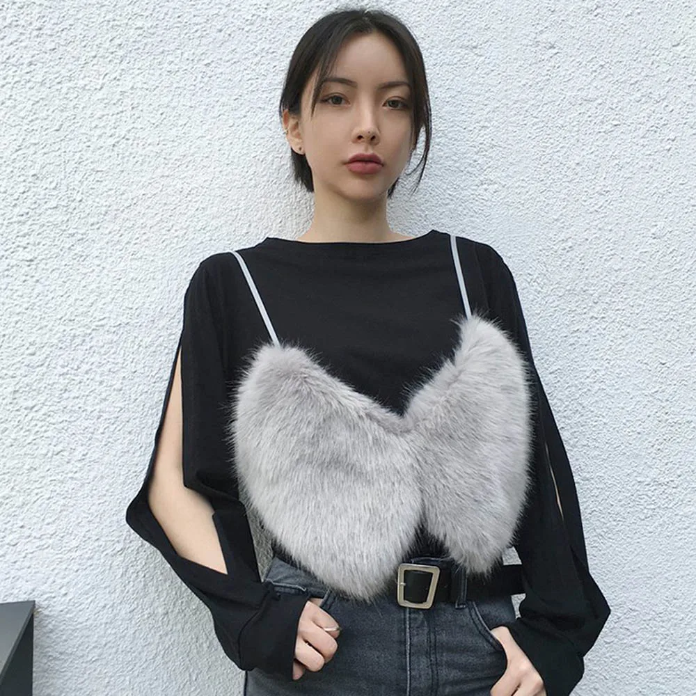 Sexy Hariy Shaggy Faux Fur Slim Fit Camis Spaghetti Strap Back Backless