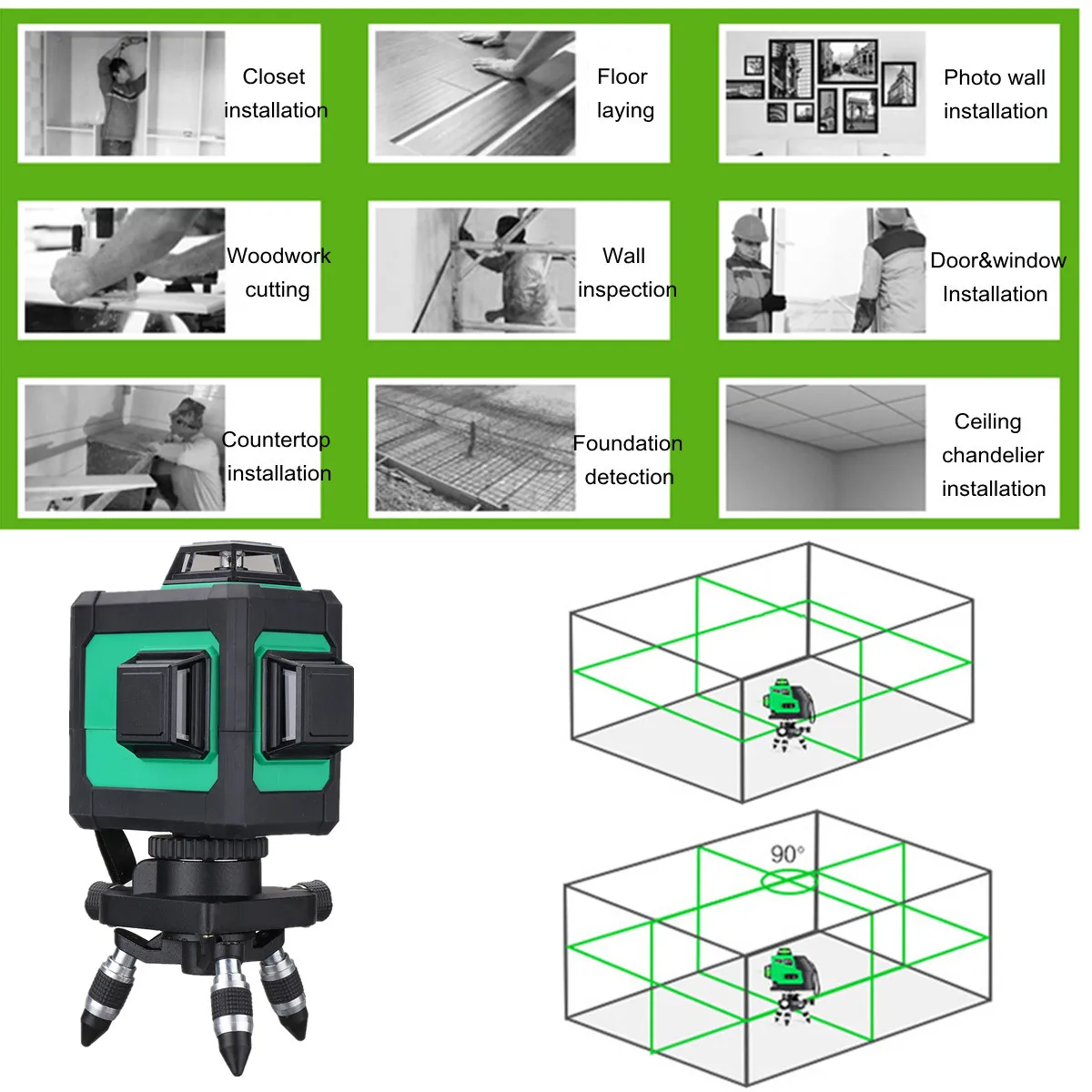 Laser Level 12 Lines 3D Level with Tripod Self-Leveling 360 Horizontal ...