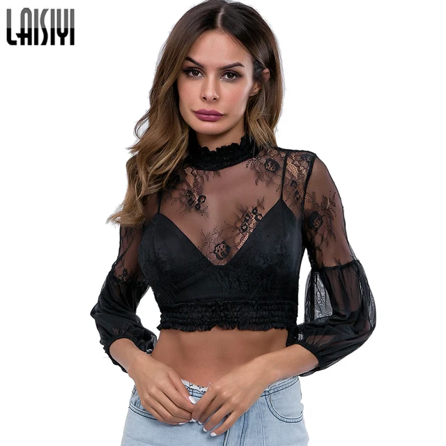 Laisiyi Turtleneck Lace Crop Top Long Sleeve T Shirt See Through Top Women Sexy Shirt
