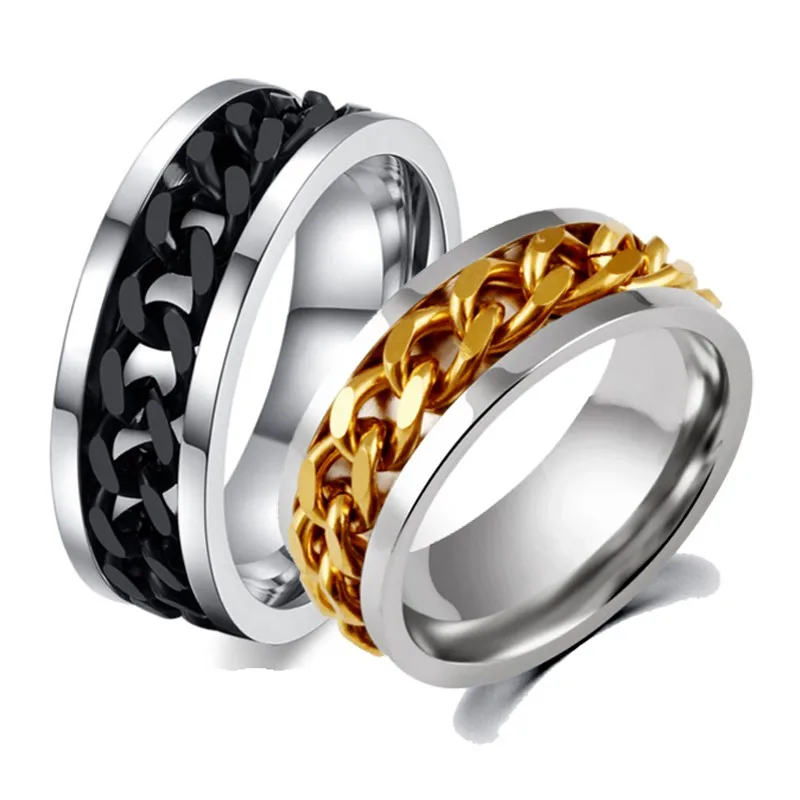 Fashion Rotation Black Chain Ring For Men Stainless Steel Wedding Mens ...