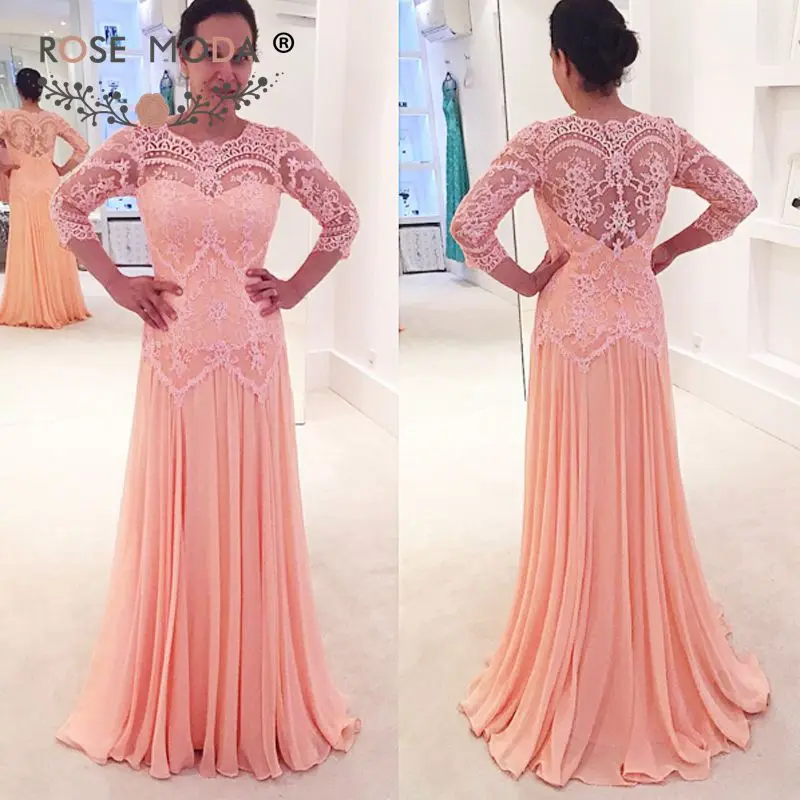 Stunning Three Quarter Lace Sleeves Coral Mother Of The Bride Dress Illusion Lace Back Floor