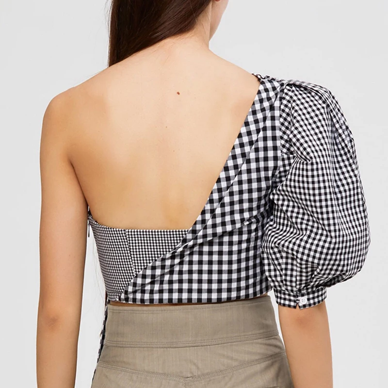 FREE SHIPPING Women Puff Sleeve One Shoulder Irregular Printed Crop Top ...