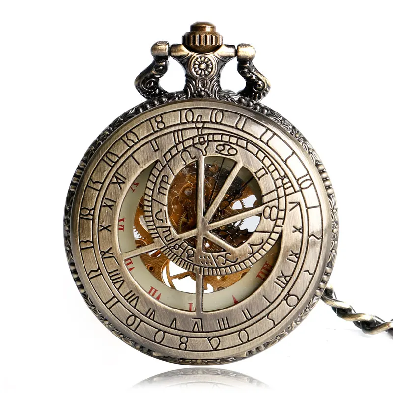 Hot Bronze Hollow Compass Pocket Watch Neckchain Mechanical Hand wind ...