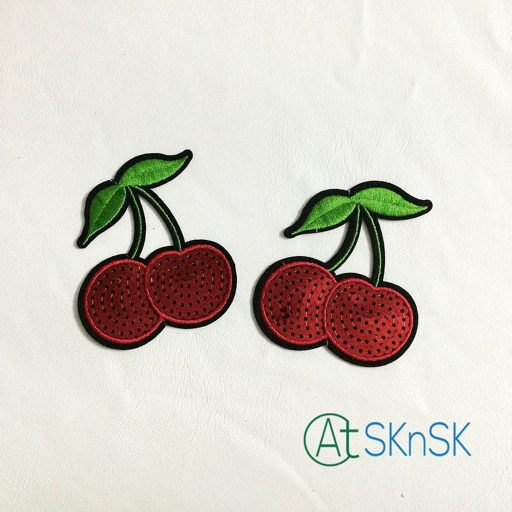 2pcs Lot Cherry Sequins Patches Fresh Fruit Cherries Embroidery Iron On