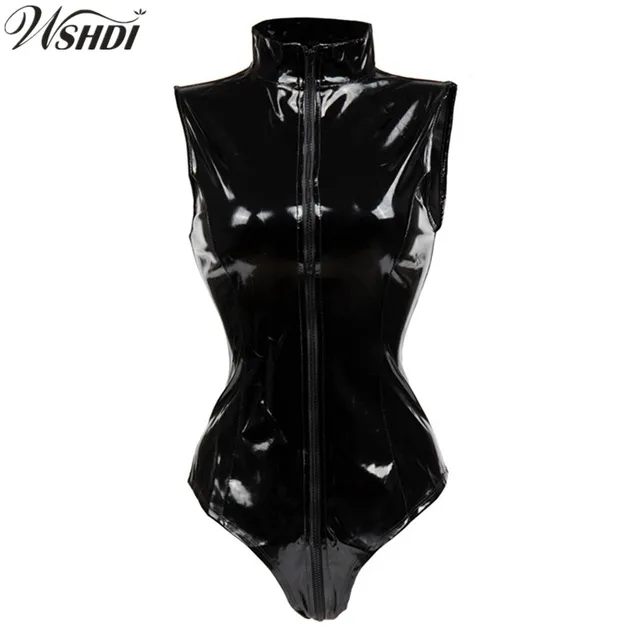 New Women Black Latex Bodysuit Gothic Faux Leather Catsuit Crotch