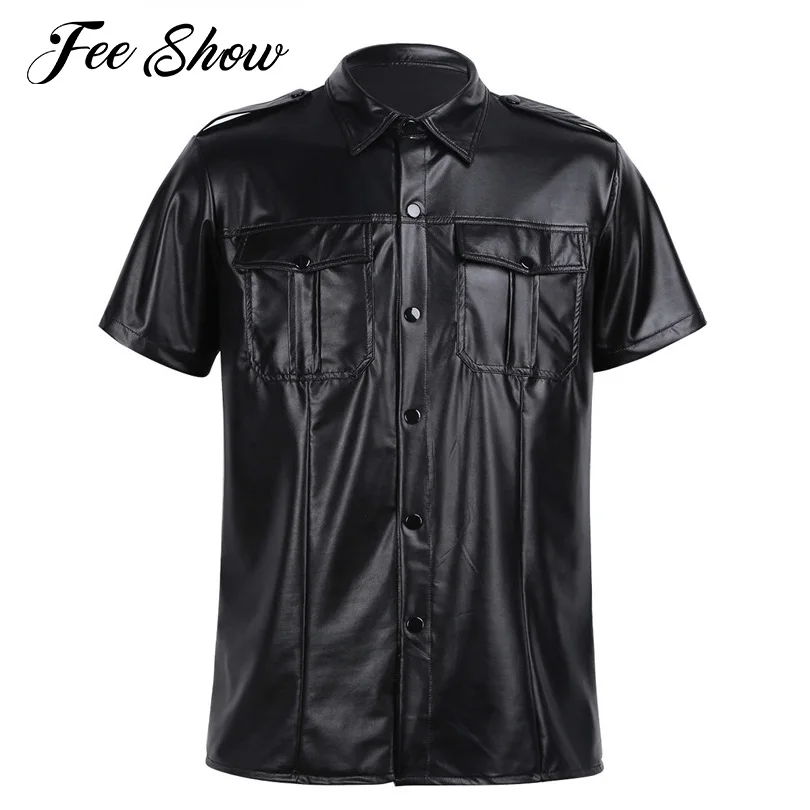 Black Sexy Mens Soft Faux Leather Police Uniform Shirt Tops With Snap Down Collar Novelty And