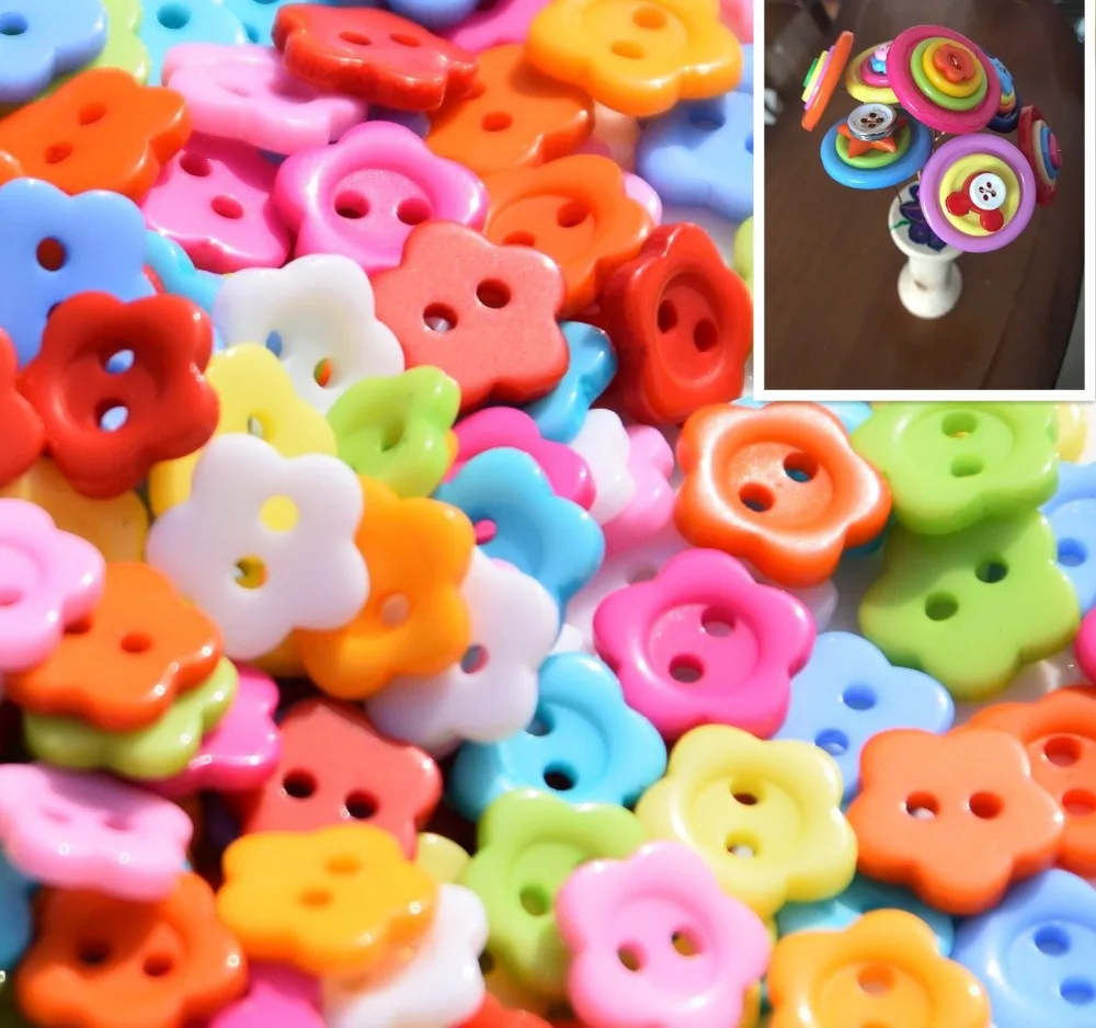 100 500 pcs Plastic buttons 2 Holes Flower Mixed Design Painted ...