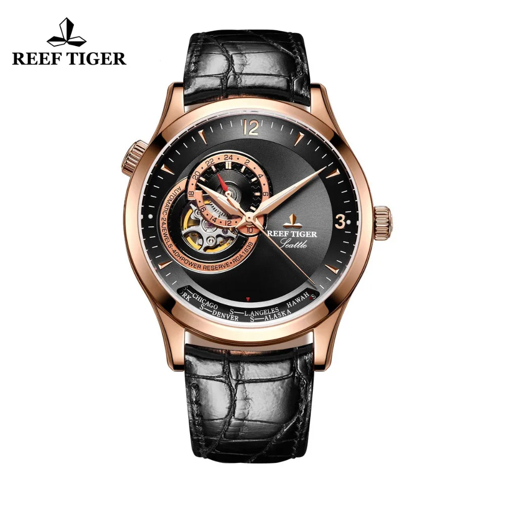 New Reef Tiger/RT Casual Automatic Watches for Men Leather Strap Rose ...