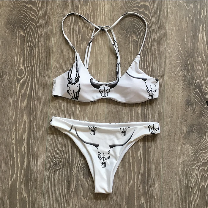 2017 Womens White Tau Cow Skull Print Sling Triangle Bikini Set