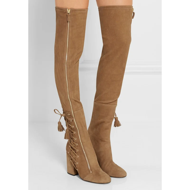Stretch Cross Tied Tassels Thigh High Boots Balck Brown Chunky High Heel Over The Knee Boots Big