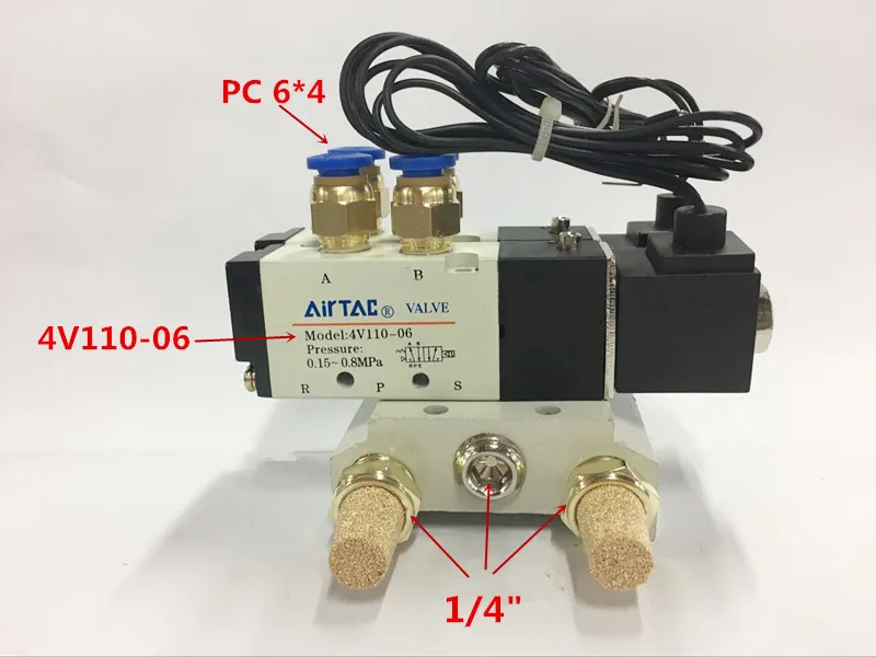 1/8 Inch Airtac 4v110-06 5 Way 2 Solenoid Valve Connected Mufflers Base ...