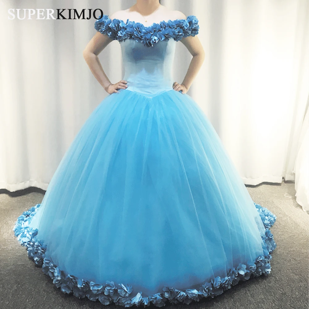 Cinderella Prom Dresses Blue Hand Made Flowers Off The Shoulder 3d ...