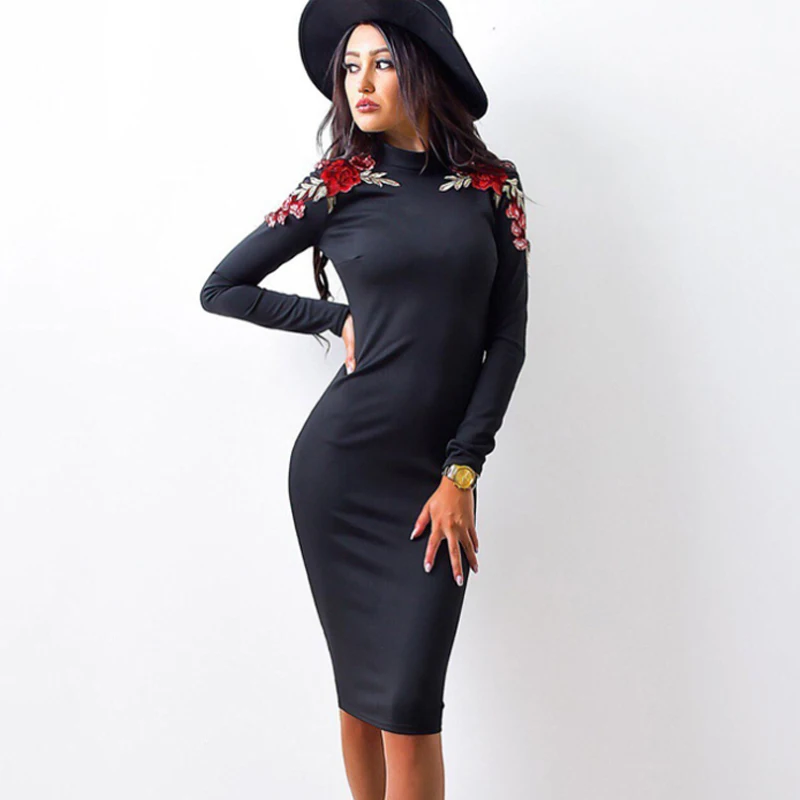 Women Spring Tight Skinny Mid Dress Casual O neck Long Sleeved ...