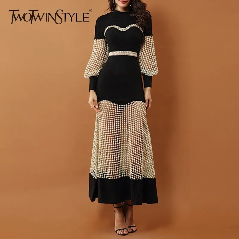 TWOTWINSTYLE-Perspective-Dress-For-Women-High-Waist-Lantern-Long-Sleeve ...