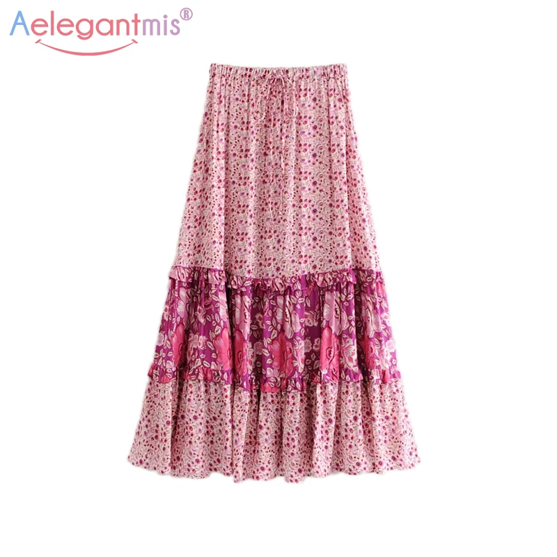 Aelegantmis Women New Boho Beach Long Skirts Elastic Waist Maxi Skirts Ladies Elegant Pink Cute