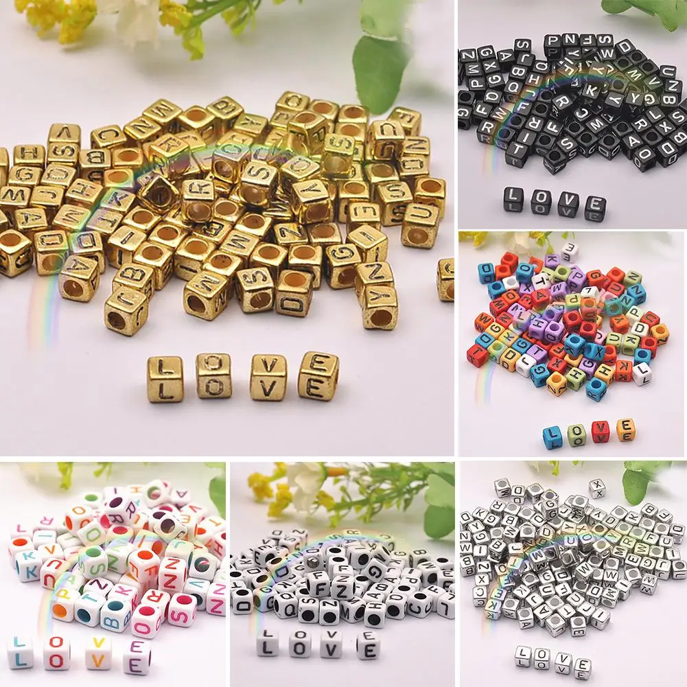 100Pcs DIY Handcraft English Alphabets Letter Loose Beads Square ...