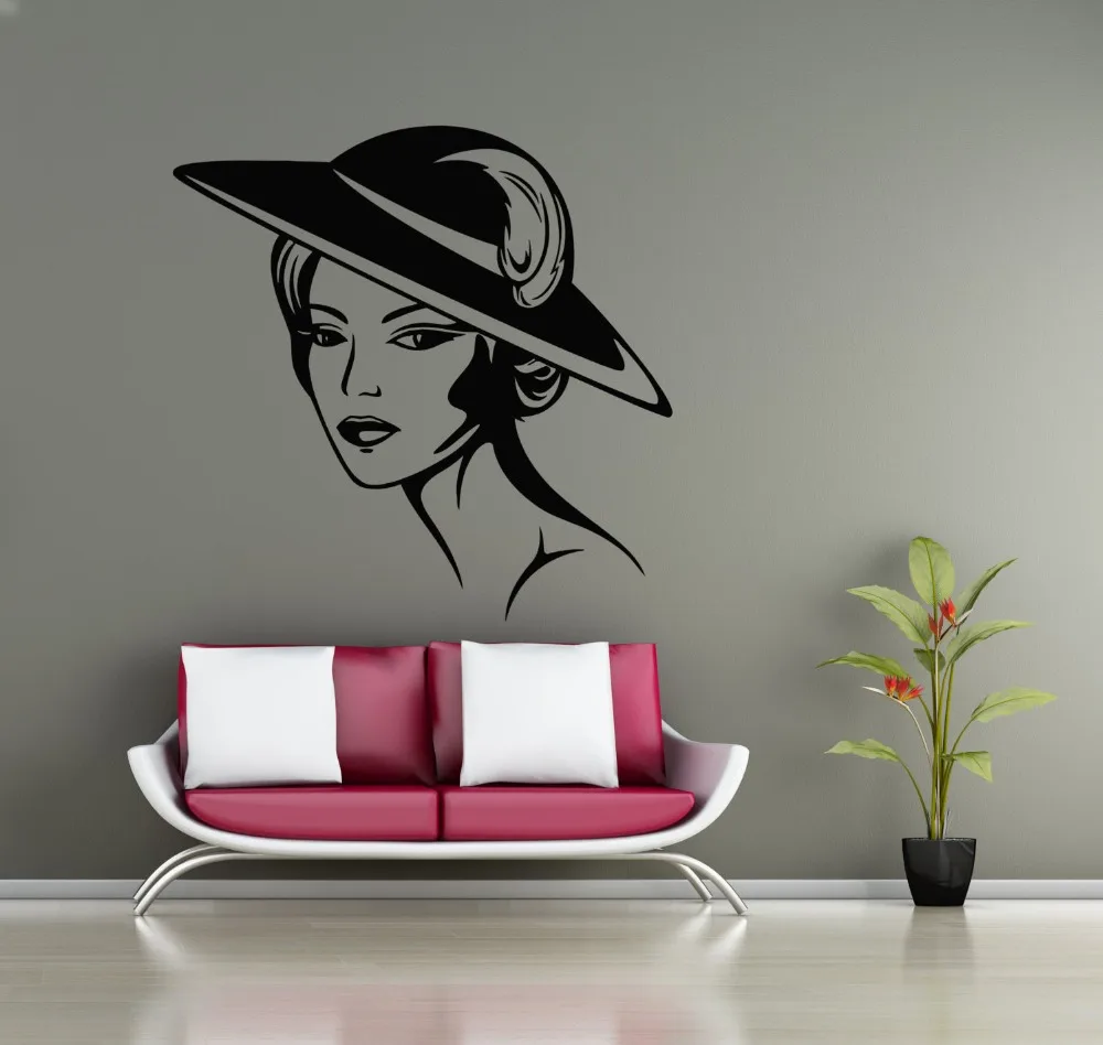 Beauty Salon Applicable Wall Decal Beautiful Woman Hat Makeup Styling