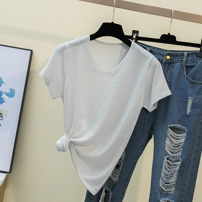 Summer T Shirts Women 2019 Retro Slim Knit Women Bright Line Solid
