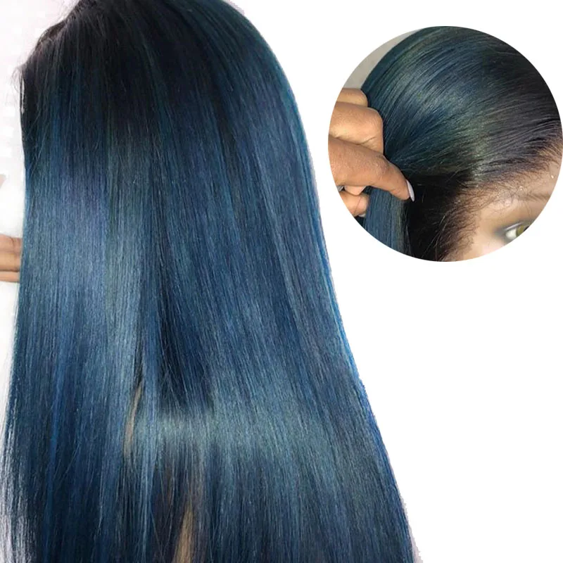 Ombre Blue Human Hair 360 Lace Frontal Wig Long Straight Brazilian Remy Hair Wig Full End