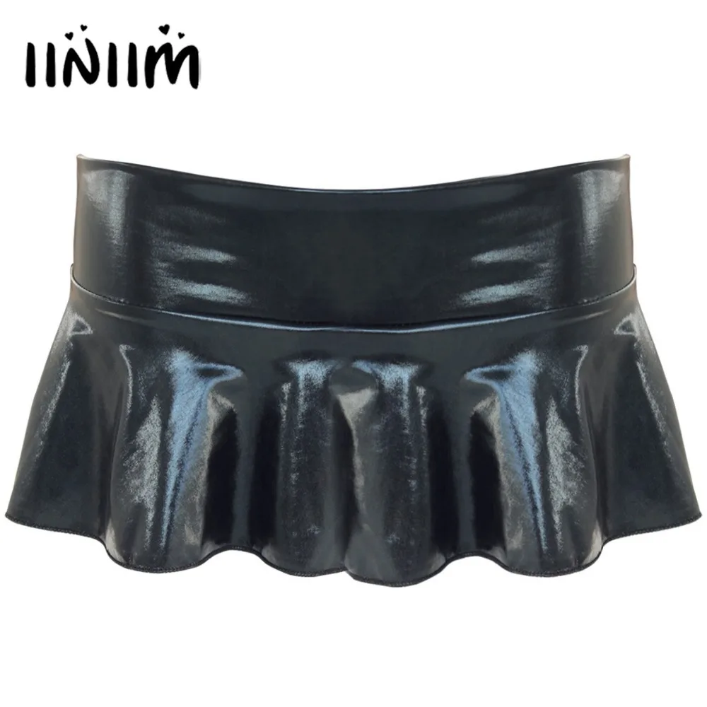 Iiniim 6 Color Sexy Womens Pantent Leather Ruffled Mini Skirt A Line With G String For Costume