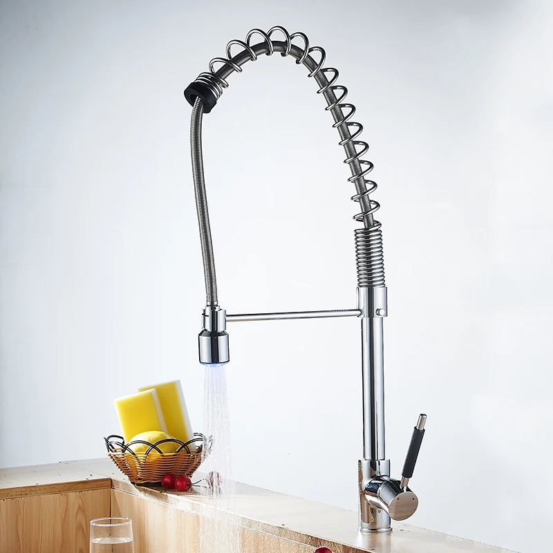 Kitchen Faucets Spring Pull Down Silver Taps LED Light Pre Rinse Spray ...