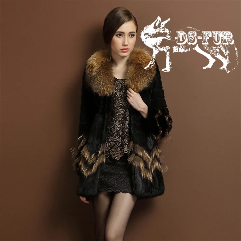 Women's New Style Natural Real Rabbit Fur Coat With Raccoon Fur Collar ...