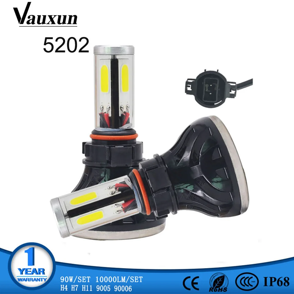 5202 Led Car Headlight Bulb 80W/pair 8000LM 4 Sides COB Led Automobile ...