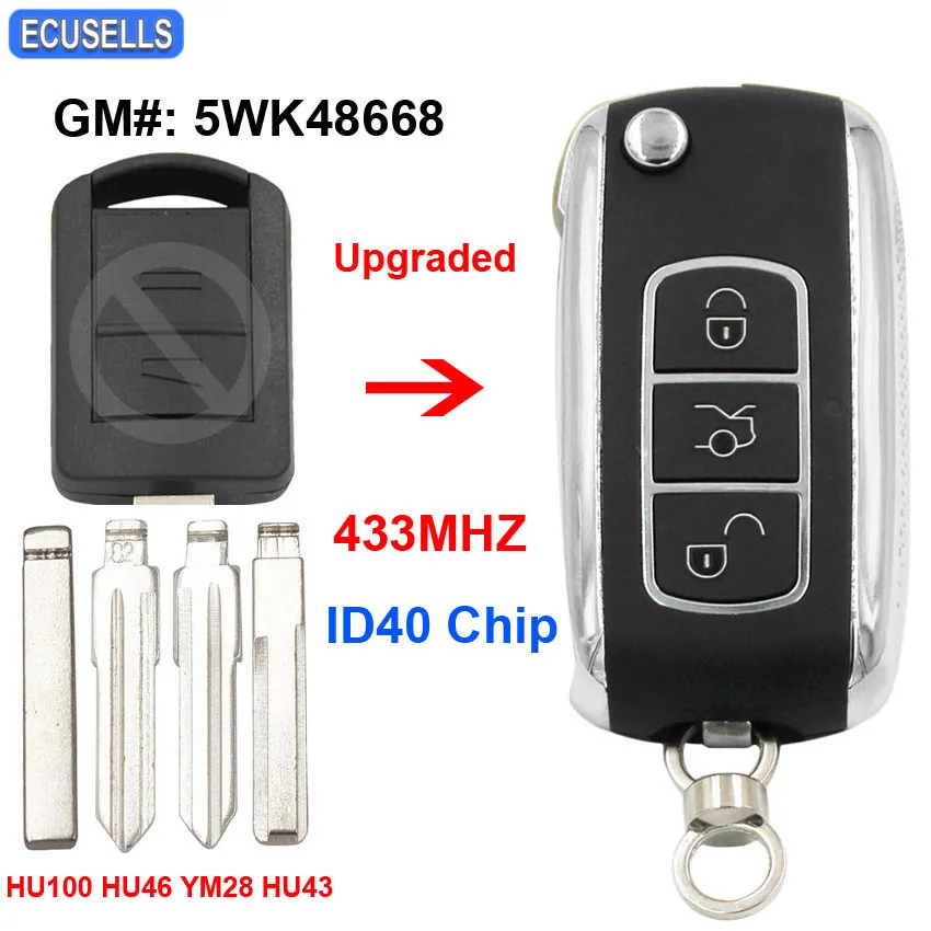 Upgraded Flip Remote Key 2 Button 433MHz ID40 Chip for Opel Corsa C ...