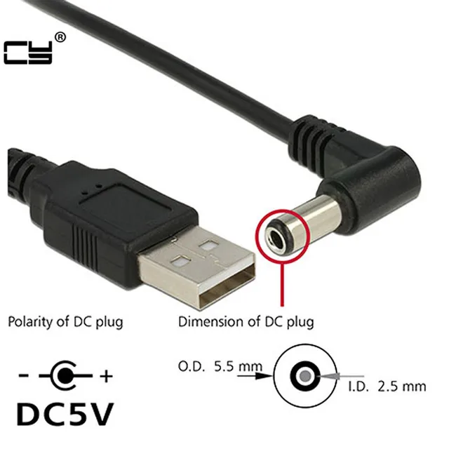 USB to 5.5 mm/2.5 mm 5 Volt DC Barrel Jack Power charge Cable 1m 3ft ...