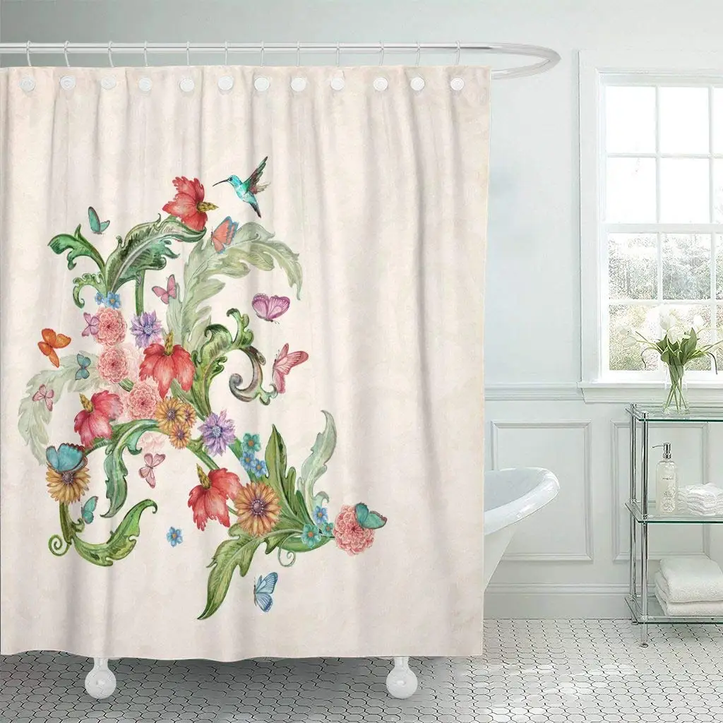 Shower Curtain Green Border with Fancy Flora and Birds Watercolor ...