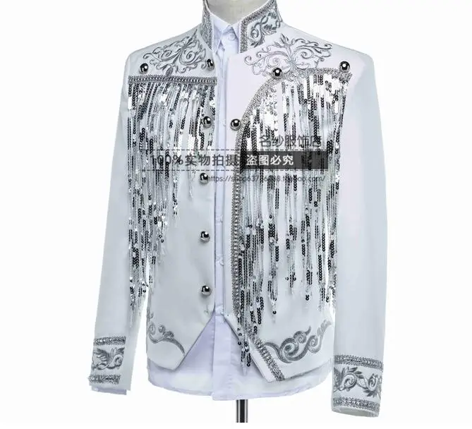 M 4XL Hot 2019 Men's New Fashion he singer sequins tassel gown the host ...