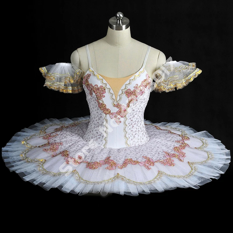 Pink Flowers Embroidery Professional Ballet Tutu Adult White Pancake ...