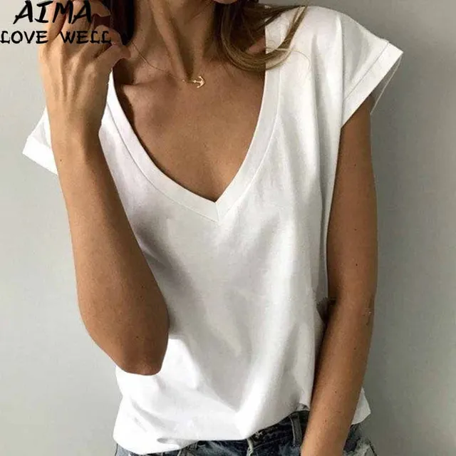 New Fashion Summer Women T Shirt Ladies Sexy Casual Deep V Neck Solid