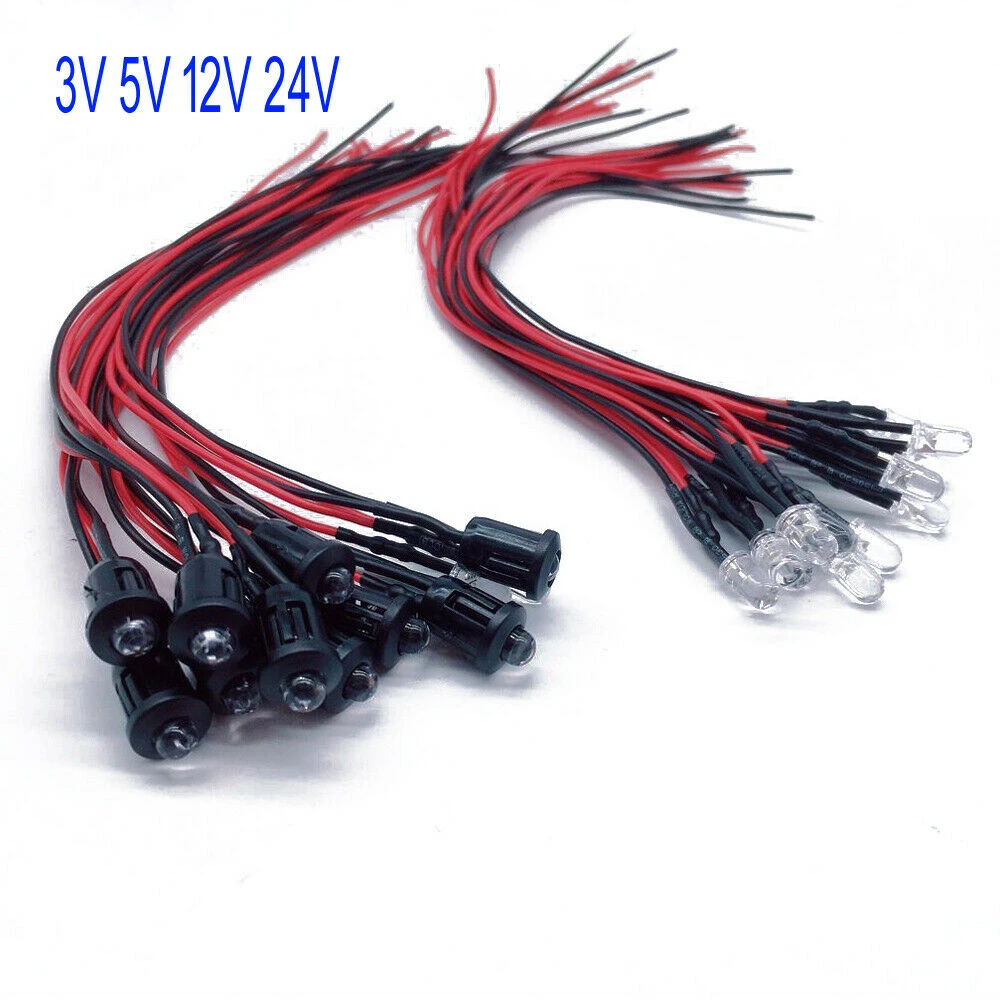 20pcs 3v 5v 12v 24v Dc 3mm/5mm Red/green/blue/rgb Round Pre-wired Water ...