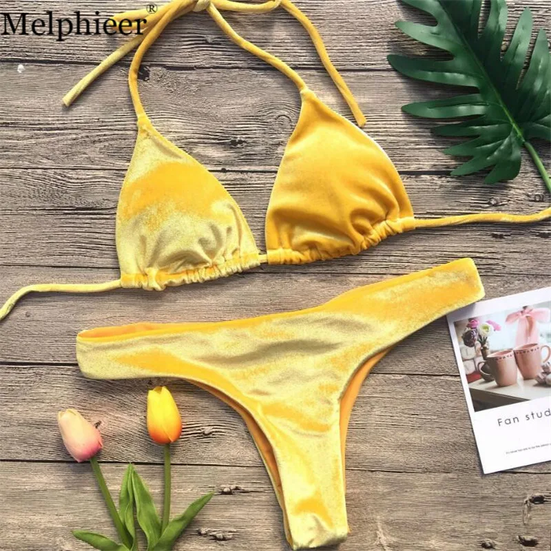 2018 Ladys Sexi Velvet Bikini Brazilian Yellow Swimsuit Halter Biquini