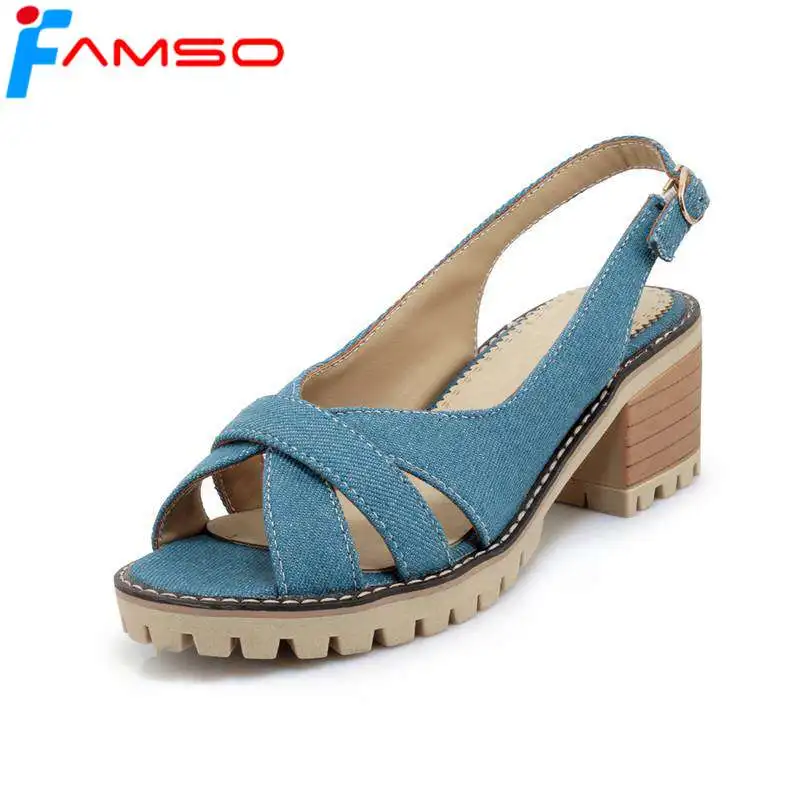 FAMSO 2019 Women Sandals Blue Denim Peep toe Platforms Pumps Shoes ...
