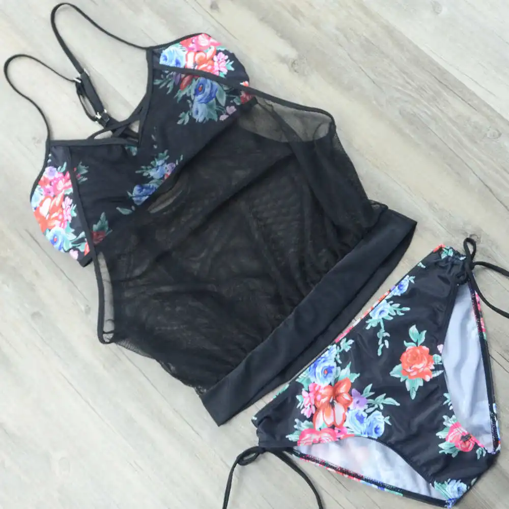 Mesh Two Pieces Swimsuit 2018 Women Floral Tankini Push Up Swimwear S ...