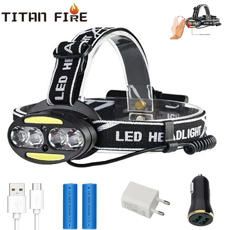 Motion Sensor Headlamp Headlight T6 COB Head Lamp USB Rechargeable ...
