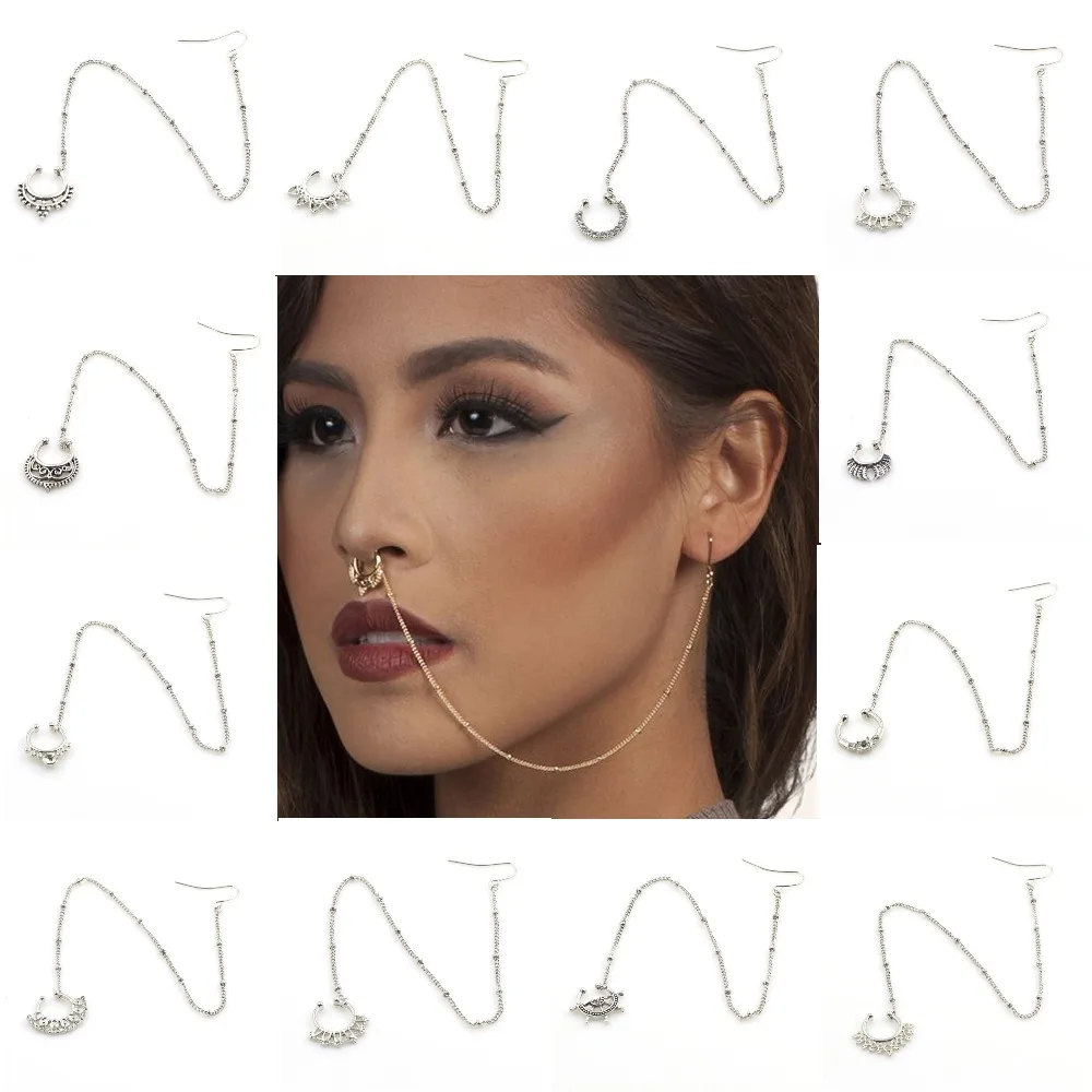 Silver Summer Style Female Piercing Nose Ring with Chain Fashion Cliker ...