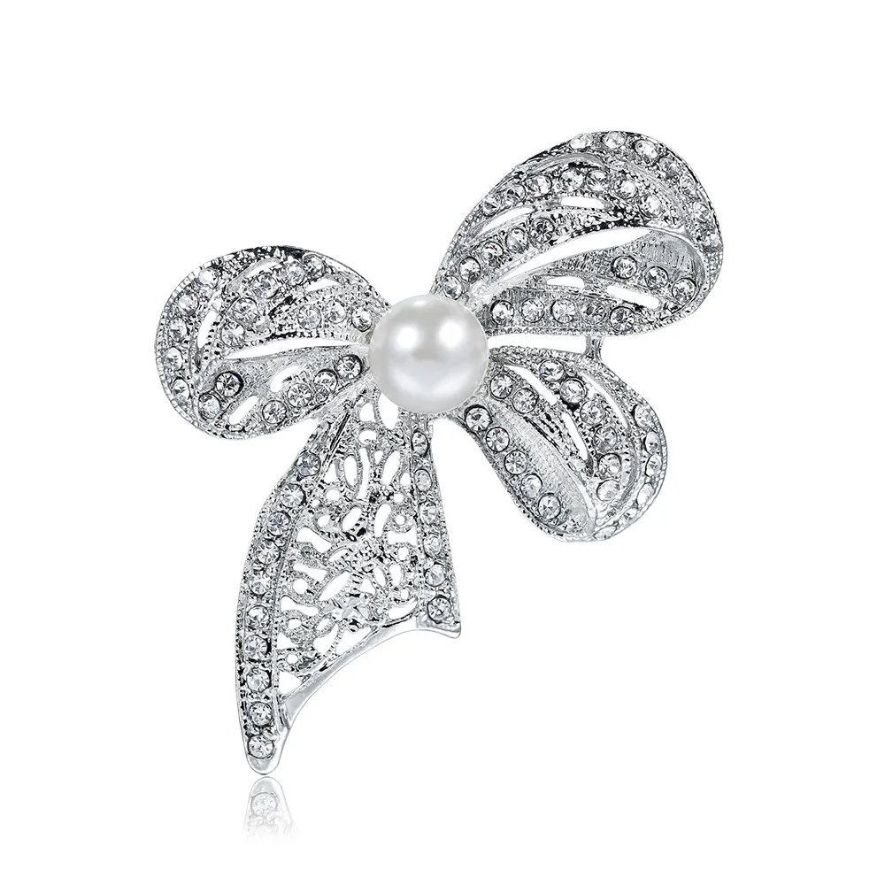 High Quality Women Brooches Bow Simulated Pearl Rhinestones Bow Brooch ...