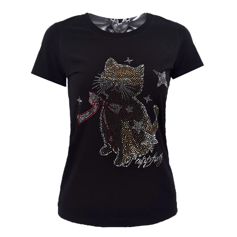 Cute Cat Pattern T Shirt Women Cartoon Diamond Harajuku Casual Tops