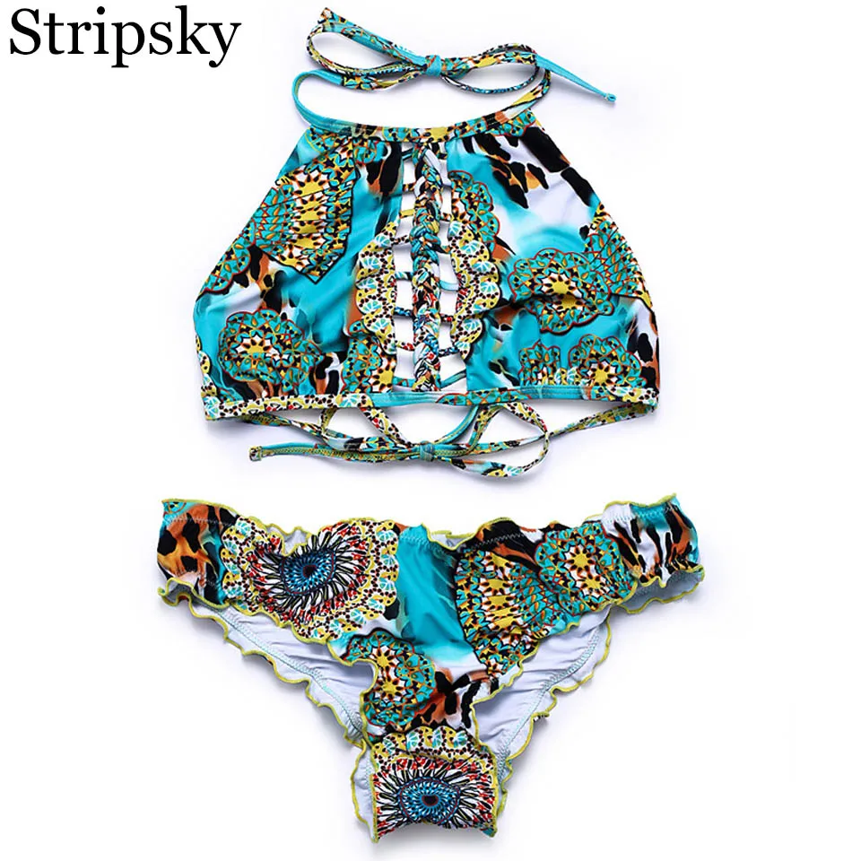 Stripsky Green Print Swimwear Women Swimsuit Bandage Bathing Suit