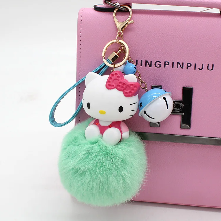 Cartoon Hello Kitty Pink Cat Colorful Bells Bunny Fur Pompom Keychain ...